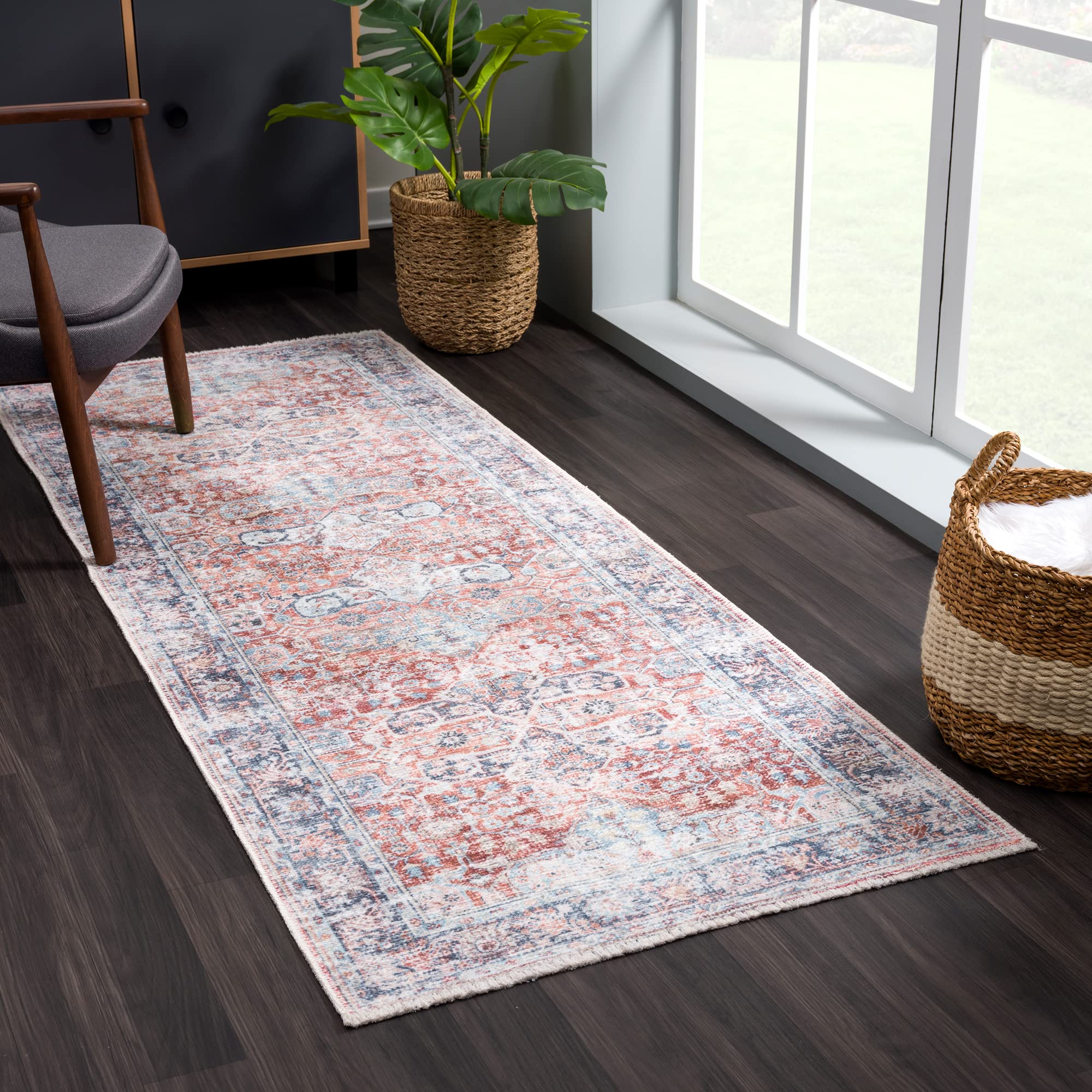 Bloom Rugs Caria Washable Non-Slip 12 ft Runner - Brick/Dark Blue Traditional Runner for Entryway, Hallway, Bathroom, and Kitchen - Exact Size: 2'6" x 12'