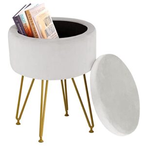 runlexi storage ottoman, round footrest stool ottoman with removable cover & adjustable legs, dutch velvet vanity stool, soft padded seat, modern decorative accent stool for makeup, bedroom, white