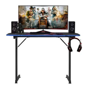 bestoffice gmaing desk z shaped 47 inch gaming workstation ergonomic gaming table pc computer desk with headphone hook for game players, blue