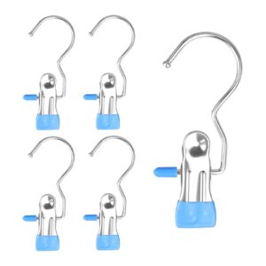 funincrea laundry hooks clip, 5 pcs stainless steel anti-slip boot laundry hanger clips portable heavy duty multi-functional single hanging clothes clips for for scarf, gloves, shoes, socks (blue)