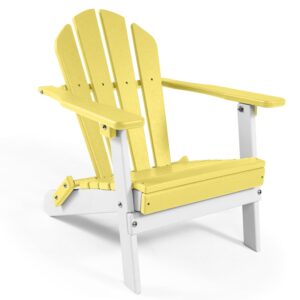 abcpatio folding mini plastic adirondack chair - outdoor comfortable adirondack chairs, weather resistant patio folding seating for patio, porch, deck, pool, garden, backyard (yellow/white)