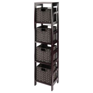 winsome wood leo 5-pc storage shelf with 4 foldable woven baskets - espresso and chocolate