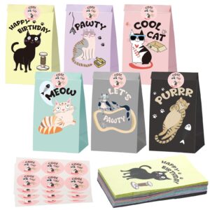 24 pcs cat party favor bags cat goodie bag kitty candy treat bags with stickers for kids birthday pet cat theme party decoration supplies favors, 8.6 x 4.7 x 3.1 inches