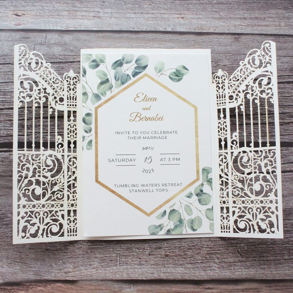 MillaSaw Glittery Gold Gate Laser Cut Invitation Card For Wedding Engagement Bridal Shower Quinceanera 25Pcs (4.9"x7.1", Gold)