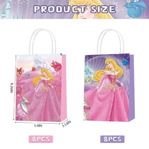 16 Pcs Sleeping Beauty Party Paper Gift Bags, 2 Styles Party Favor Bags with Handles for Princess Aurora Party Decorations, Goody Bags Candy Gift Bags for Boys Girls Kids