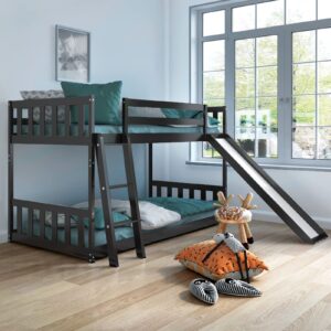 kotek twin over twin bunk bed with slide, solid wood floor bunk bed frame with guardrails & ladder, no box spring needed, kids bedroom furniture for boys & girls, teens (espresso)