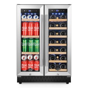 tylza upgraded wine and beverage refrigerator 24 inch, dual zone wine beverage cooler with french door, under counter wine beer fridge built-in or freestanding, holds 20 bottles and 88 cans tybc120-3