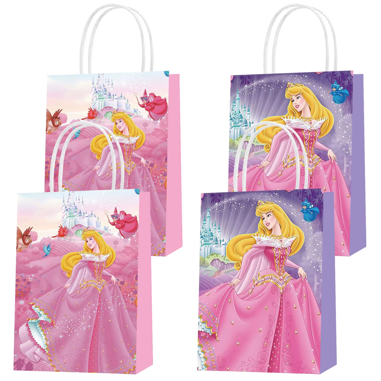 16 Pcs Sleeping Beauty Party Paper Gift Bags, 2 Styles Party Favor Bags with Handles for Princess Aurora Party Decorations, Goody Bags Candy Gift Bags for Boys Girls Kids