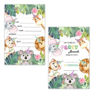 muzruyou party animals birthday invitation cards with envelopes, wild one animals invitation cards, zoo safari animals kids invite (20 pack)