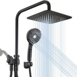 ryamen dual shower head combo, black 8'' high pressure rain/rainfall shower head,5 settings adjustable handheld showers,with 15" height adjustable slide bar,holder/59’‘ hose