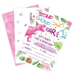 wernnsai 20 sets watercolor dinosaur party invitation with envelopes - fill-in invitations cards for girls dinosaur birthday party supplies baby shower invites double-sided printed t-rex cards