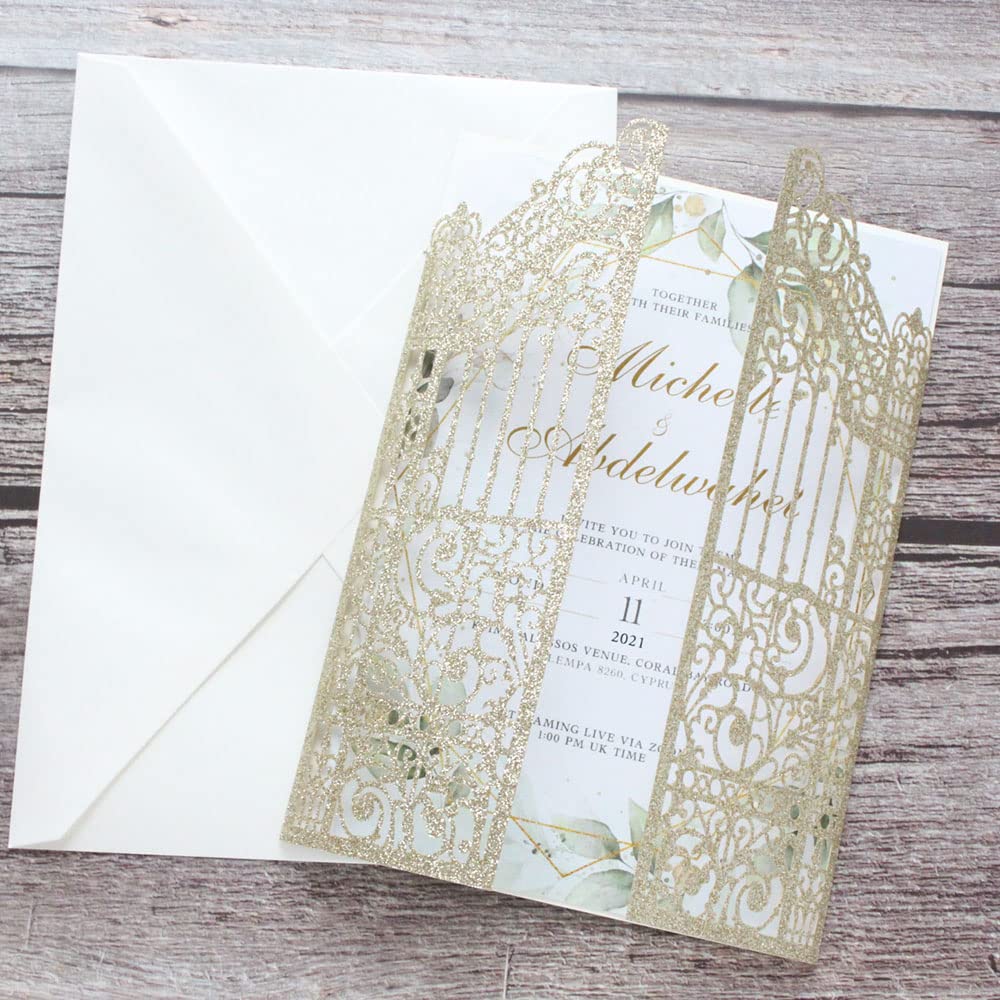 MillaSaw Glittery Gold Gate Laser Cut Invitation Card For Wedding Engagement Bridal Shower Quinceanera 25Pcs (4.9"x7.1", Gold)