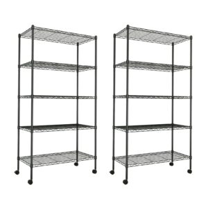 yssoa heavy duty 5-shelf storage shelving unit, 1250lbs loading capacity, 29.92" d x 13.98" w x 62.99" h adjustable steel organizer wire rack, black, 2 pack