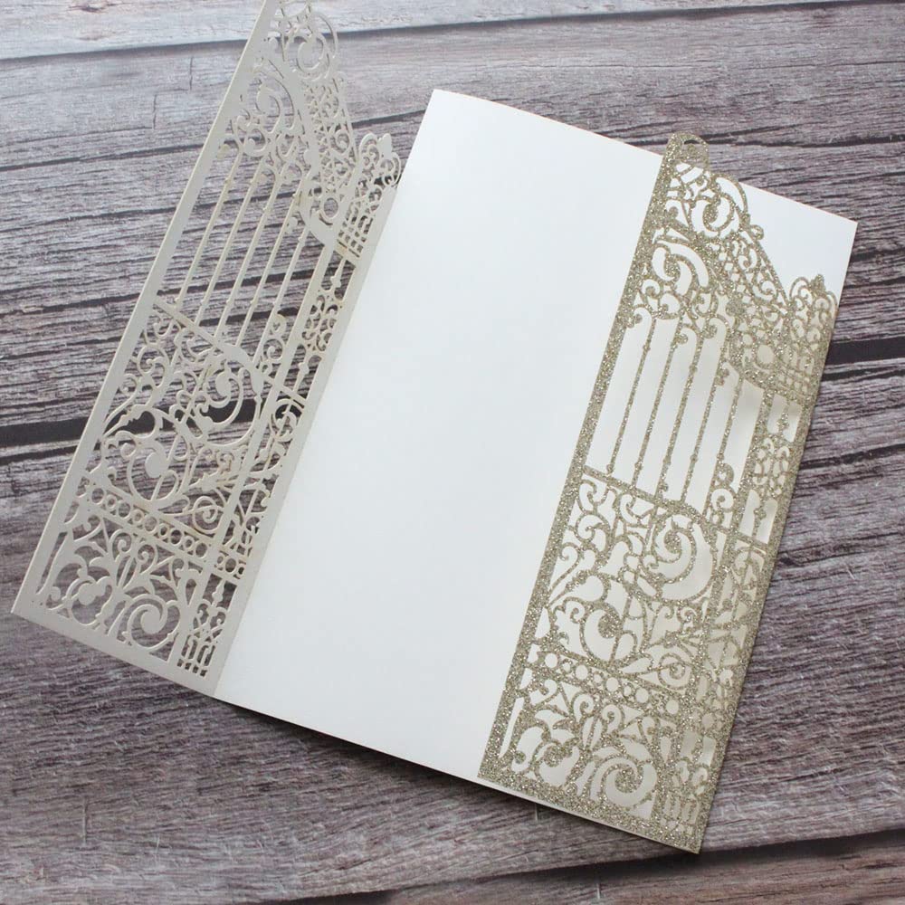 MillaSaw Glittery Gold Gate Laser Cut Invitation Card For Wedding Engagement Bridal Shower Quinceanera 25Pcs (4.9"x7.1", Gold)