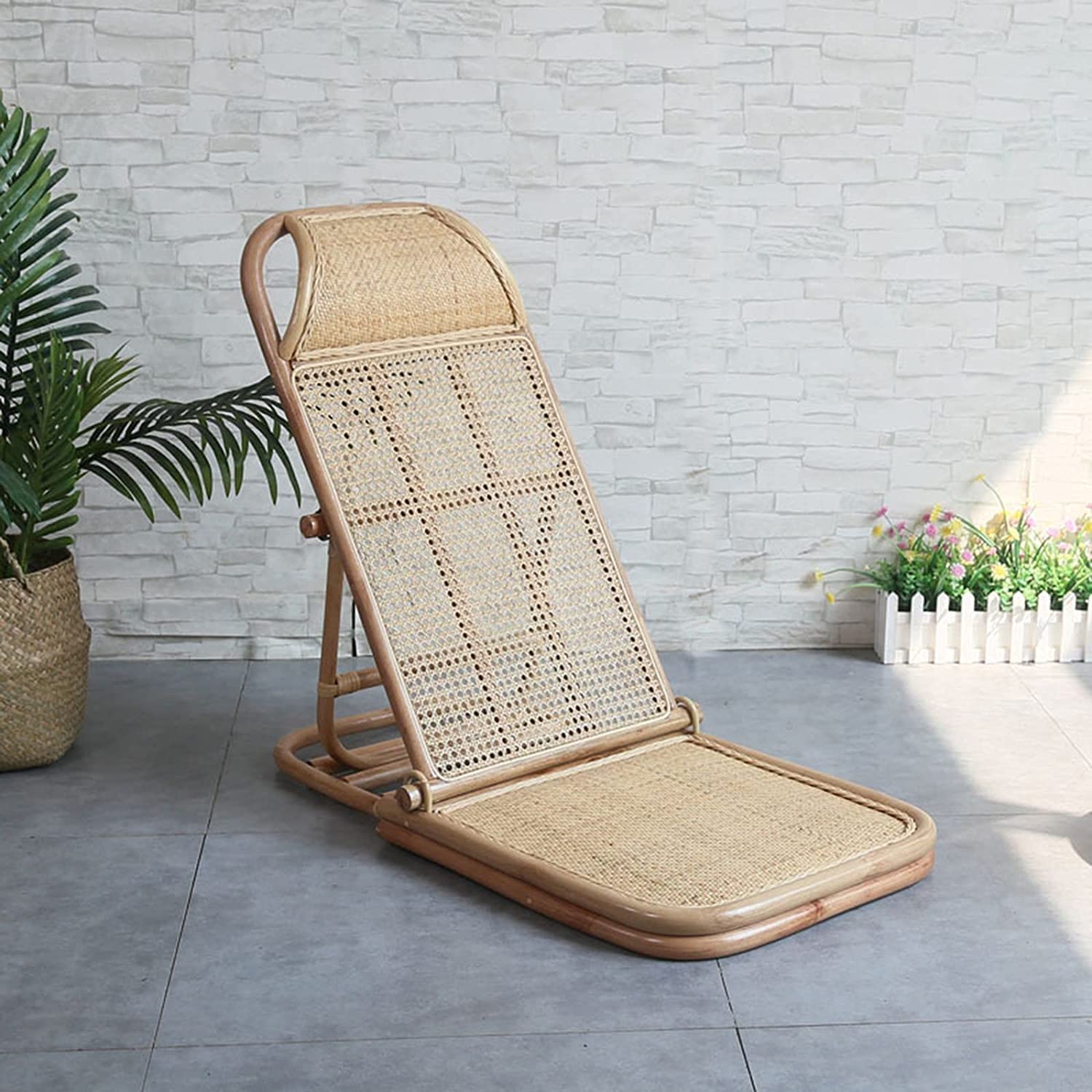 Recliner Rattan Mat with Wooden Border Sun Loungers, Patio Lounge Chairs, Adjustable Backrest, for Outdoor Garden Patio Beach