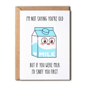 krysdesigns funny birthday card - i'm not saying you're old but if you were milk i'd sniff you first - birthday card - card for her - card for him, 5 x 7 inches