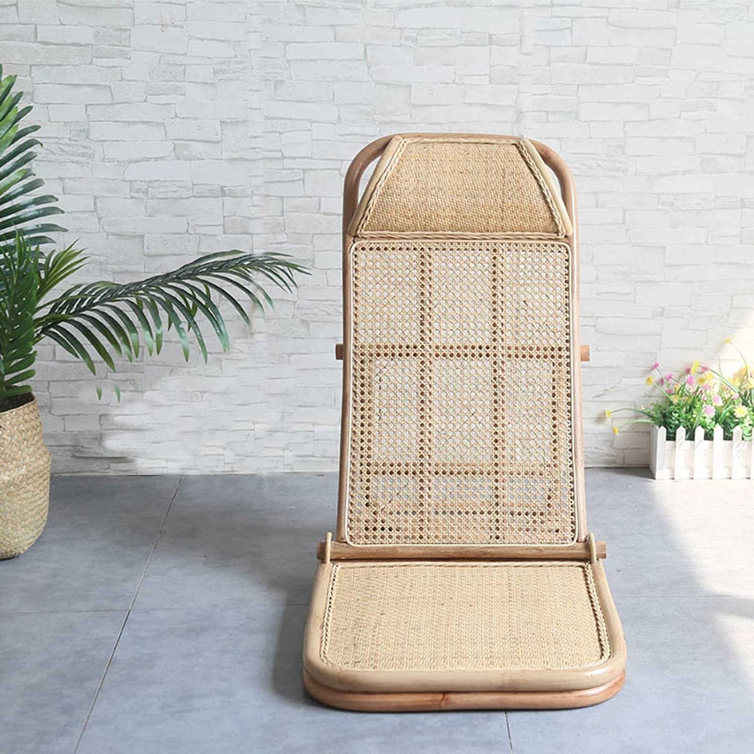 Recliner Rattan Mat with Wooden Border Sun Loungers, Patio Lounge Chairs, Adjustable Backrest, for Outdoor Garden Patio Beach