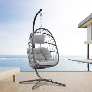 egg swing chair with stand hanging egg chair outdoor - rattan wicker patio hanging basket chair hammock chair with aluminum steel frame and uv resistant cushion for indoor bedroom balcony (grey)