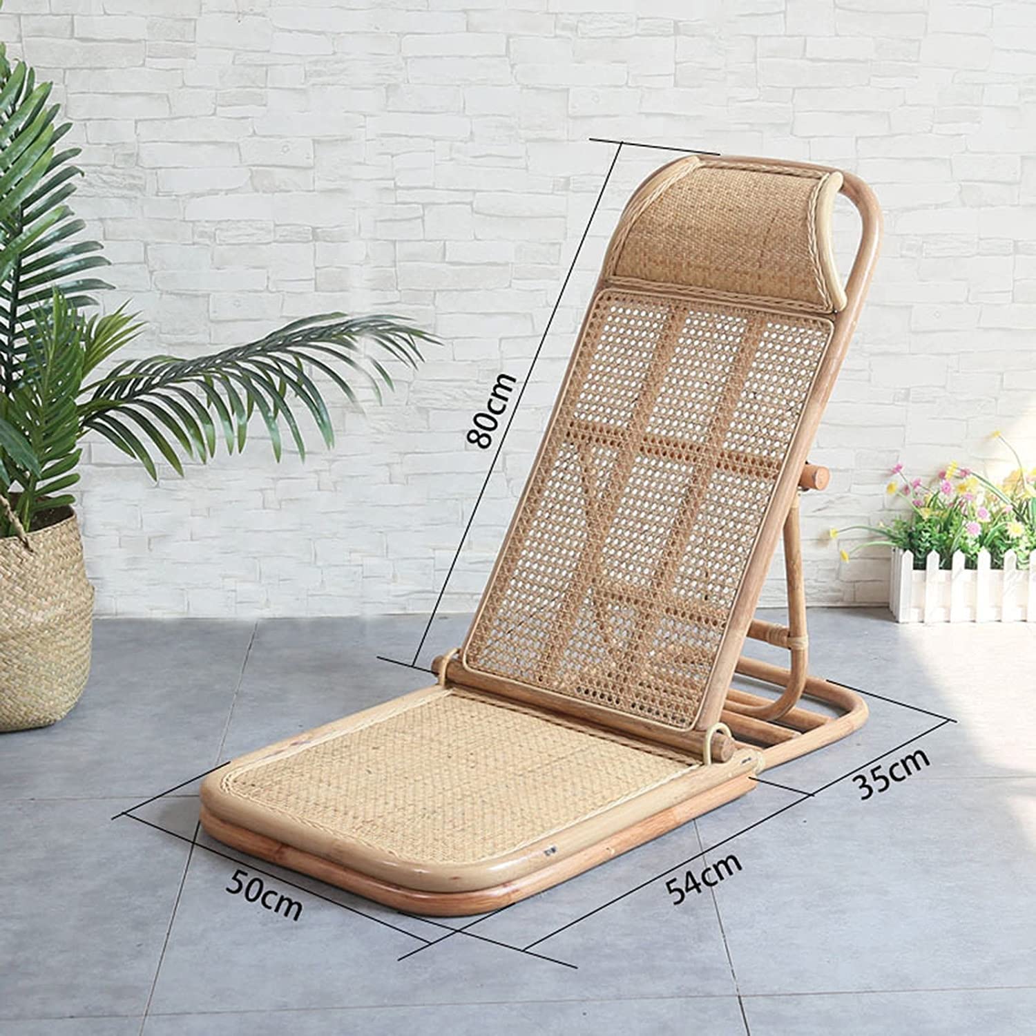 Recliner Rattan Mat with Wooden Border Sun Loungers, Patio Lounge Chairs, Adjustable Backrest, for Outdoor Garden Patio Beach