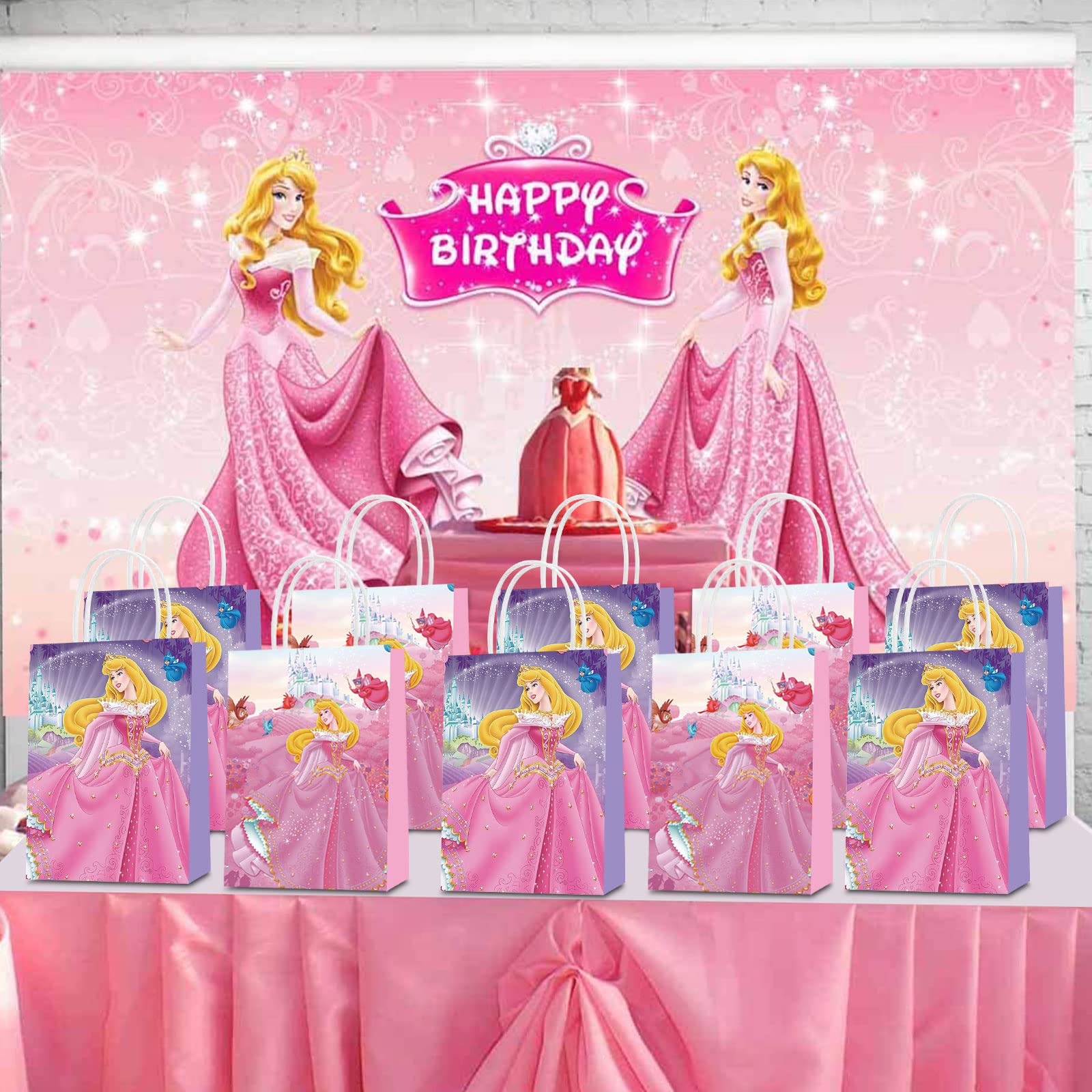 16 Pcs Sleeping Beauty Party Paper Gift Bags, 2 Styles Party Favor Bags with Handles for Princess Aurora Party Decorations, Goody Bags Candy Gift Bags for Boys Girls Kids