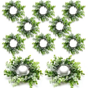 jexine 8 pieces christmas candle rings mini candle wreaths center candle ring artificial wreath for christmas window table pillars farmhouse decoration wedding party table home decor(eucalyptus)