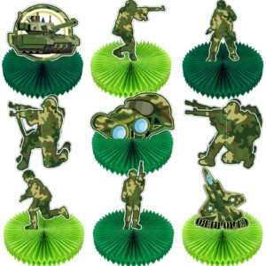 9 pack army party decorations army military honeycomb centerpieces tank camouflage party supplies green soldiers table topper photo props for boy girl soldier camouflage baby shower party