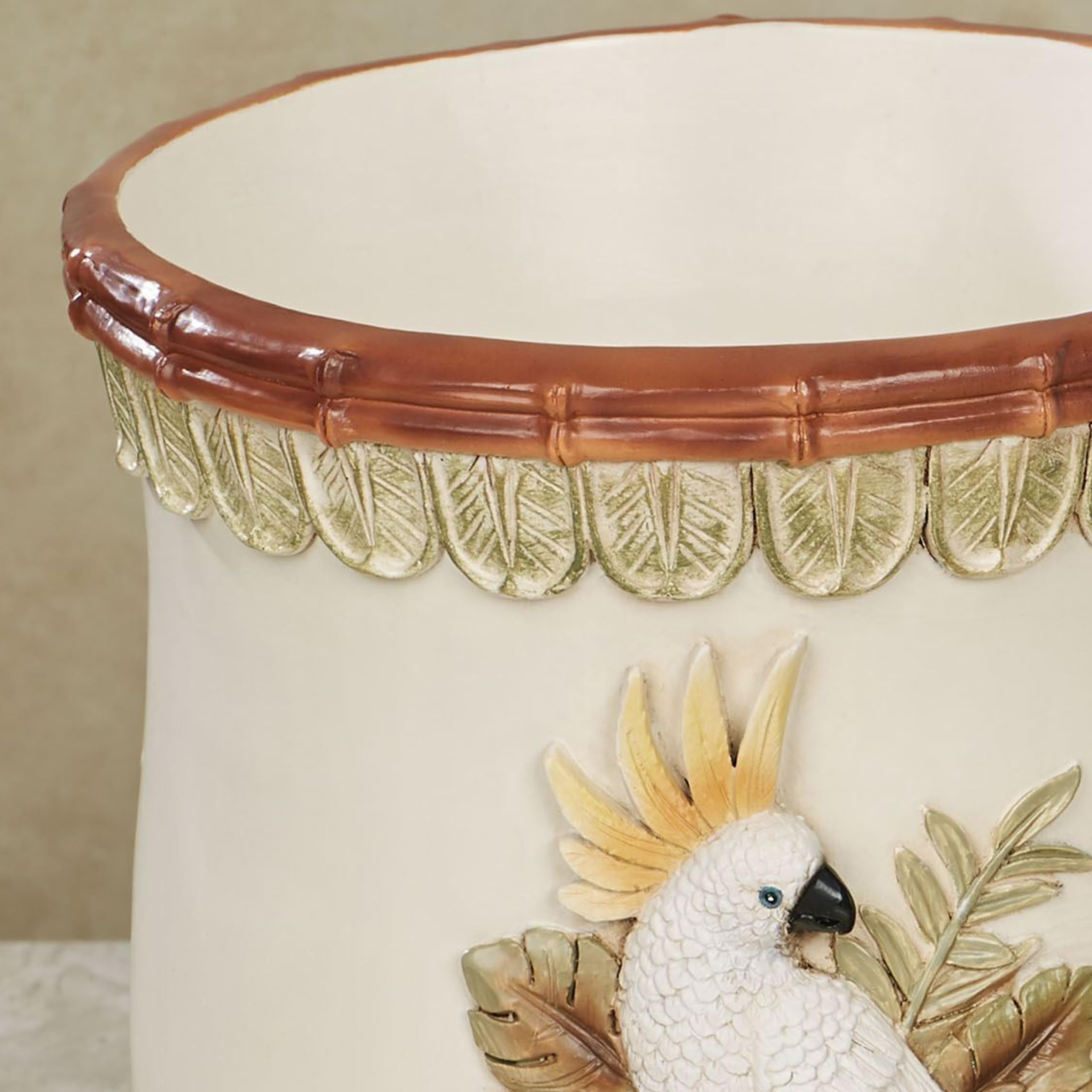 Garden Tropics Wastebasket | Cockatoo and Toucan Bird Designs | Tropical Style Trash Can for Bathroom | Dimensional Accessory