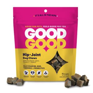 goodgood hip + joint dog supplements; supports healthy hips and joints, flexibility, and mobility; chewable soft treats with glucosamine, msm, and turmeric; probiotics; 90 natural flavor chews