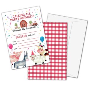 birthday party invitation cards for kids, party invites, party celebration for teens, farmhouse farm animal calling all party animals cards, party supplies, personalized 20 cards with envelopes-c001