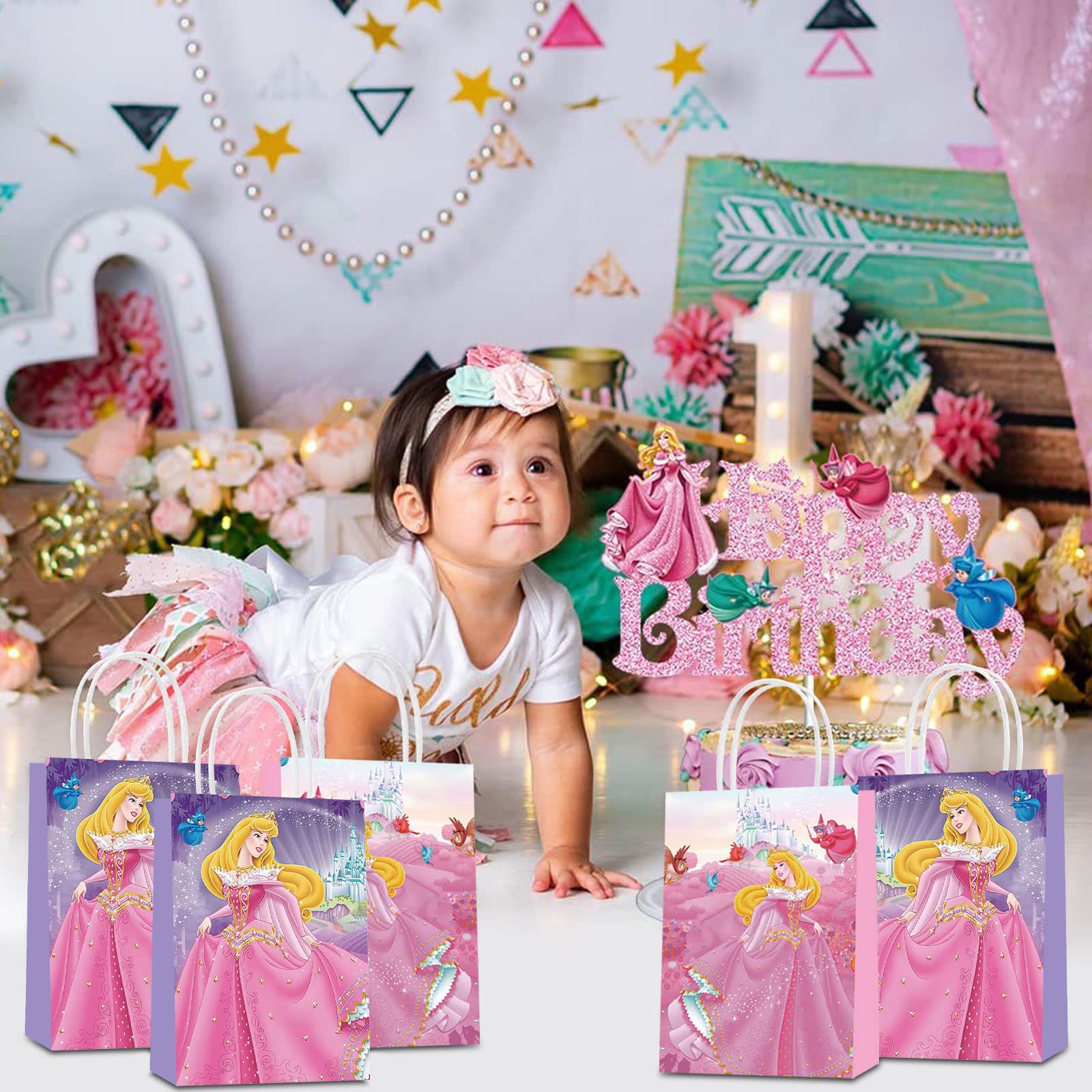 16 Pcs Sleeping Beauty Party Paper Gift Bags, 2 Styles Party Favor Bags with Handles for Princess Aurora Party Decorations, Goody Bags Candy Gift Bags for Boys Girls Kids