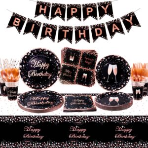 xjlantte 167 pcs black and rose gold party supplies - rose gold birthday banner, plates, napkins, cups and tablecloth for wedding bridal shower party decorations, serves 20 guests