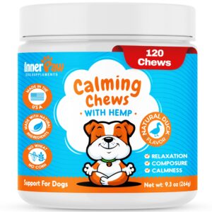 inner paw calming chews for dogs – natural calming dog treats – tasty chew snacks with chamomile, valerian root, organic ginger – efficient dog stress reliever – 120 soft chews