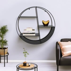 sagebrook home 32" round black shelf - 4 layered contemporary floating metal wall shelf for creative home, office, bathroom, bedroom, living room decor