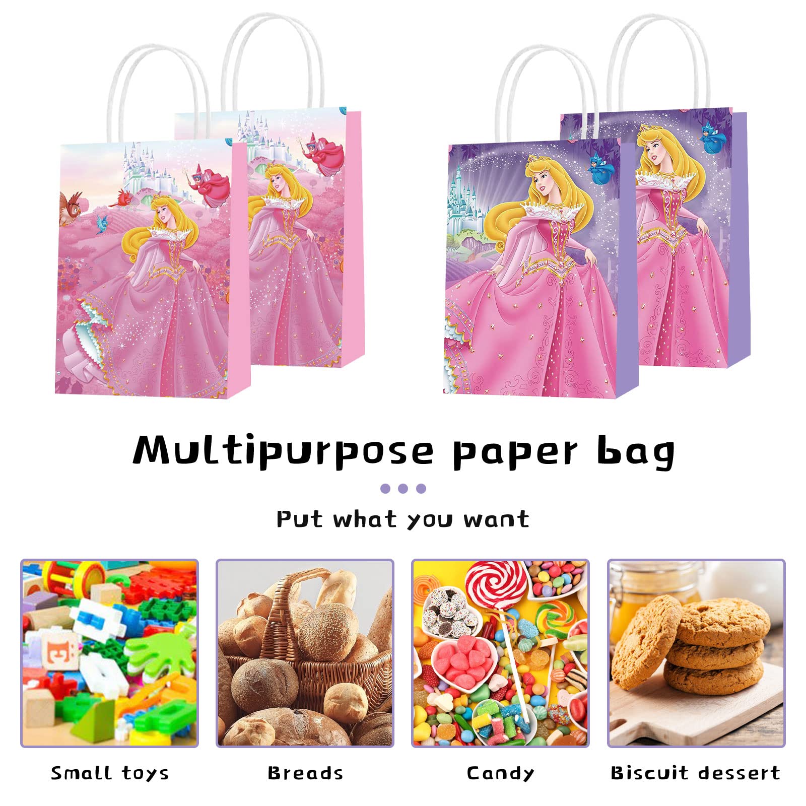 16 Pcs Sleeping Beauty Party Paper Gift Bags, 2 Styles Party Favor Bags with Handles for Princess Aurora Party Decorations, Goody Bags Candy Gift Bags for Boys Girls Kids