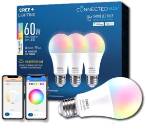 cree lighting connected max smart led bulb a19 60w tunable white + color changing, 2.4 ghz, compatible with alexa and google home, no hub required, bluetooth + wifi, 3pk (cma19-60w-al-9ack-b3)