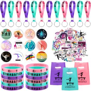 banballon 98 gymnastics party favors, gymnastics keychain goodie bags with rubber bracelets, button pins, bags and stickers for gymnastics theme birthday party supplies baby shower holiday