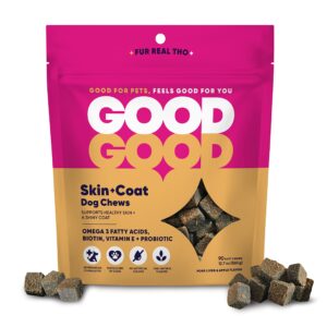 goodgood skin + coat dog supplements; supports healthy skin and a shiny coat; chewable soft treats with omega-3 fatty acids, and vitamin e; probiotics; 90 natural flavor chews