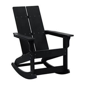 flash furniture finn modern commercial grade poly resin wood adirondack rocking chair - all weather black polystyrene - dual slat back - stainless steel hardware