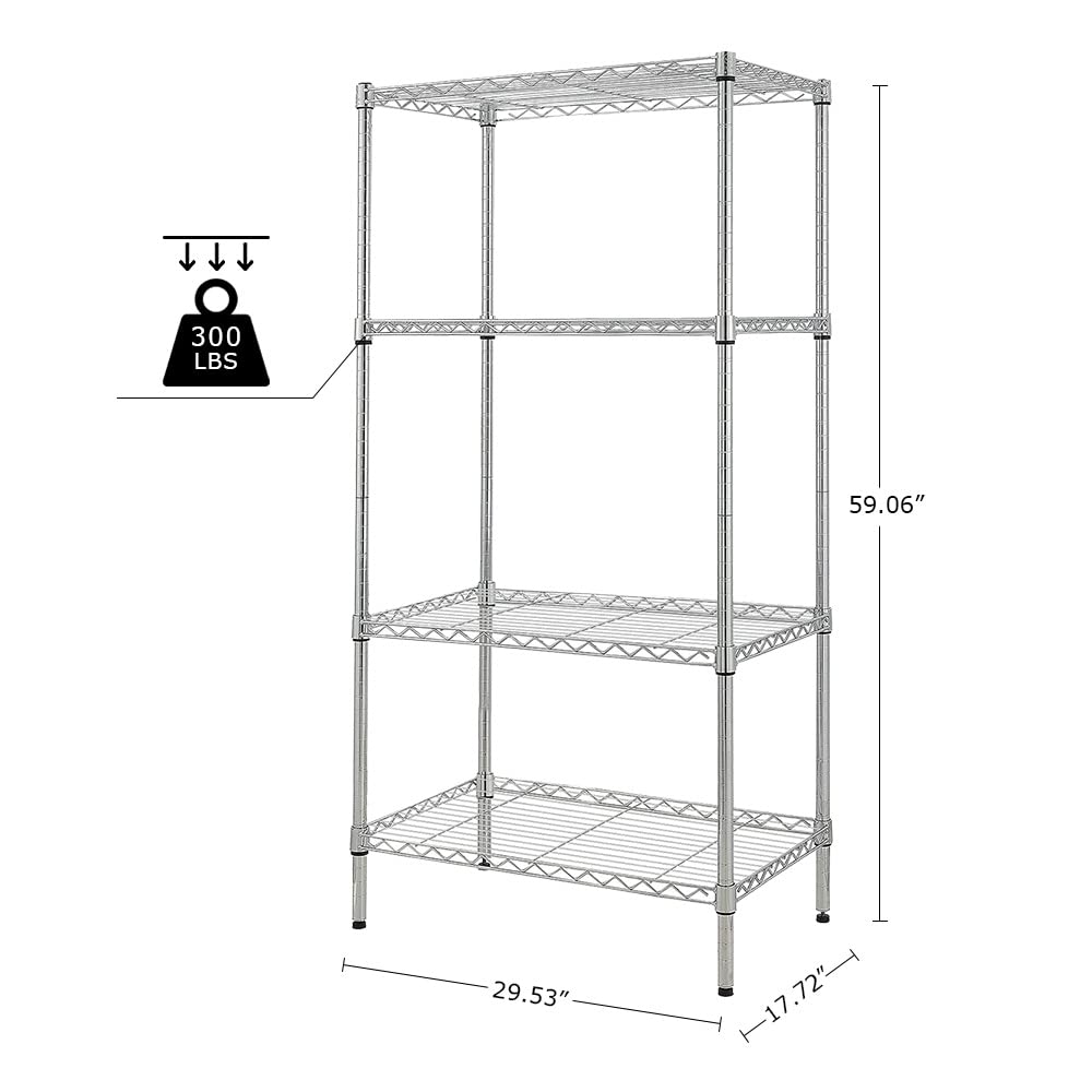 4 Tier Wire Shelving Unit, Height Adjustable Wire Shelves with 1200 LBS Capacity, NSF Metal Wire Rack Shelving for Laundry, Kitchen, Pantry, Closet (18" D x 29.5" W x 59" H, Chrome)