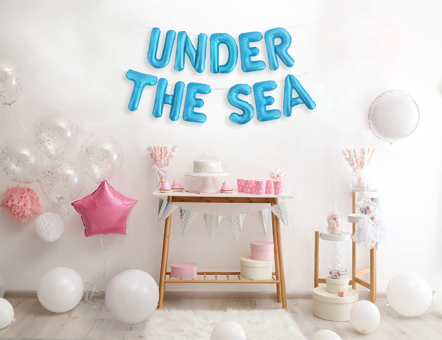 PartyForever UNDER THE SEA Balloons Banner Light Blue Mermaid Birthday Party or Baby Shower Decorations Sign Ocean Themed