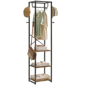 ibuyke coat rack with shelves, freestanding hall tree with 3 shelves and 8 hooks, industrial clothes stand for entryway, hallway, bedroom, rustic brown utmj088h