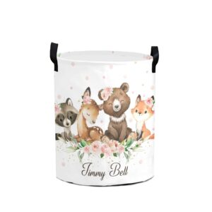 Floral Cute Woodland Animals Personalized Laundry Hamper with Handles Waterproof,Custom Collapsible Laundry Bin,Clothes Toys Storage Baskets for Bedroom,Bathroom Decorative Large Capacity 50L