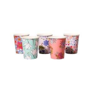 coterie floral paper cups (set of 10) - decorative & durable paper cups with floral design for bridal party, birthday party, baby shower, tea party, spring & summer gatherings | 9oz paper cups