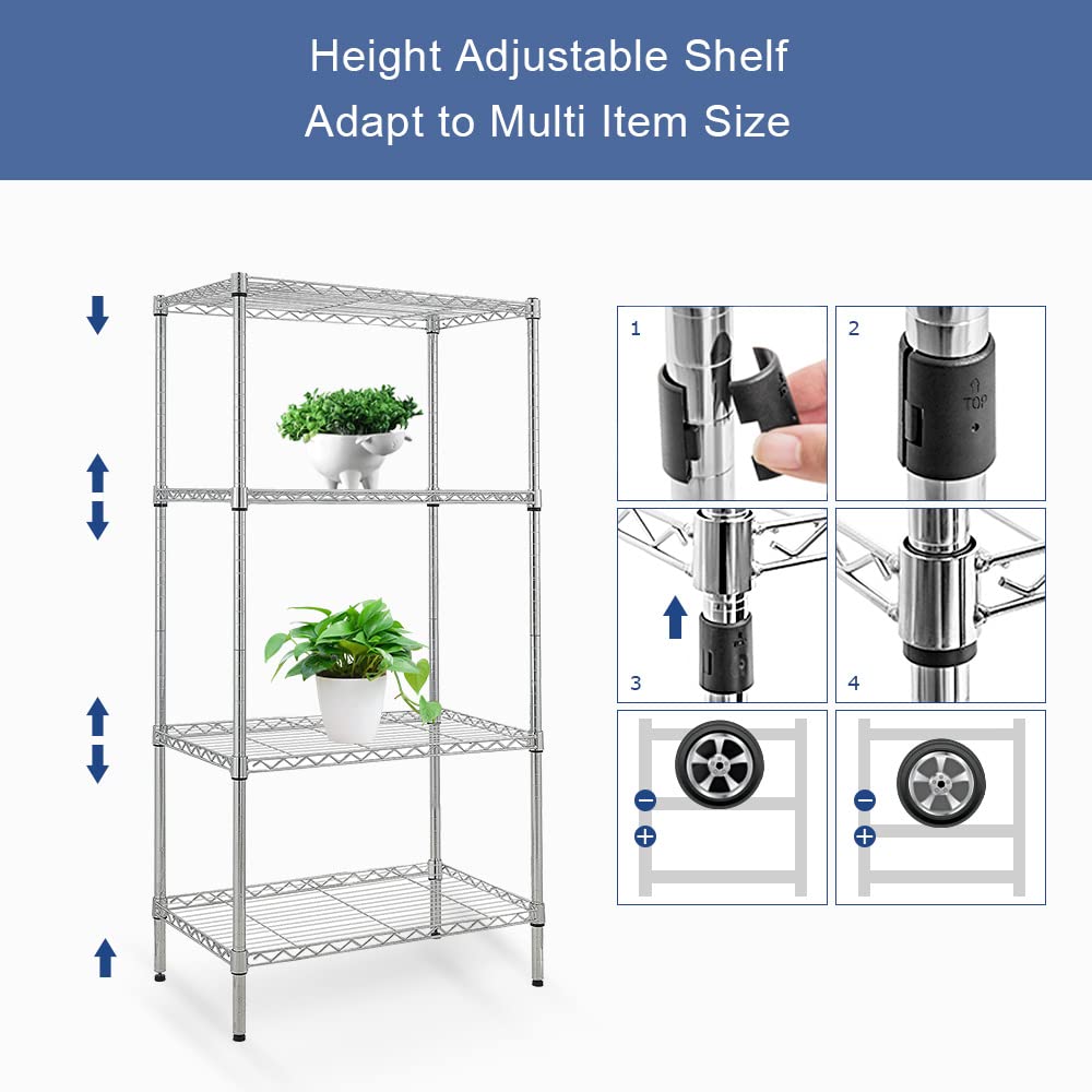 4 Tier Wire Shelving Unit, Height Adjustable Wire Shelves with 1200 LBS Capacity, NSF Metal Wire Rack Shelving for Laundry, Kitchen, Pantry, Closet (18" D x 29.5" W x 59" H, Chrome)