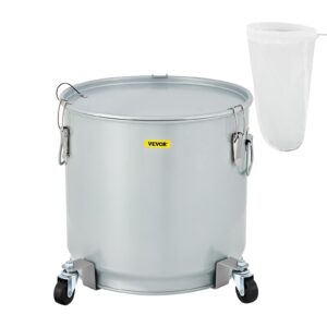 vevor fryer grease bucket, 8 gal/30 l, coated carbon steel oil filter pot with caster base, oil disposal caddy with 62 lbs capacity, transport container with lid lock clip nylon filter bag, silver