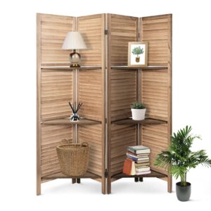 babion 4 panels room divider, privacy screen room dividers and folding privacy screen, room dividers with 3 display shelves, 5.6 ft tall wood room divider, partition wall for home office, brown