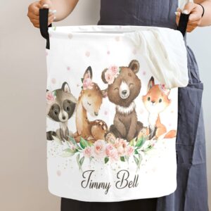 Floral Cute Woodland Animals Personalized Laundry Hamper with Handles Waterproof,Custom Collapsible Laundry Bin,Clothes Toys Storage Baskets for Bedroom,Bathroom Decorative Large Capacity 50L