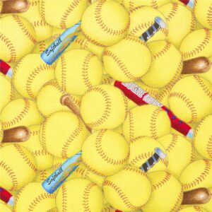 softball yellow cotton fabric from the usa by elizabeth's studio, with balls and bats (per 0.5 yard)