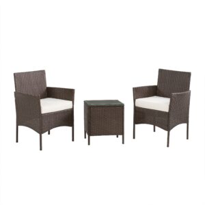 lavish home 80-outd-wk-cushchtbl (brown) outdoor patio set – 3-piece rattan seating combo with 2 cushioned chairs and table for deck or front porch furniture