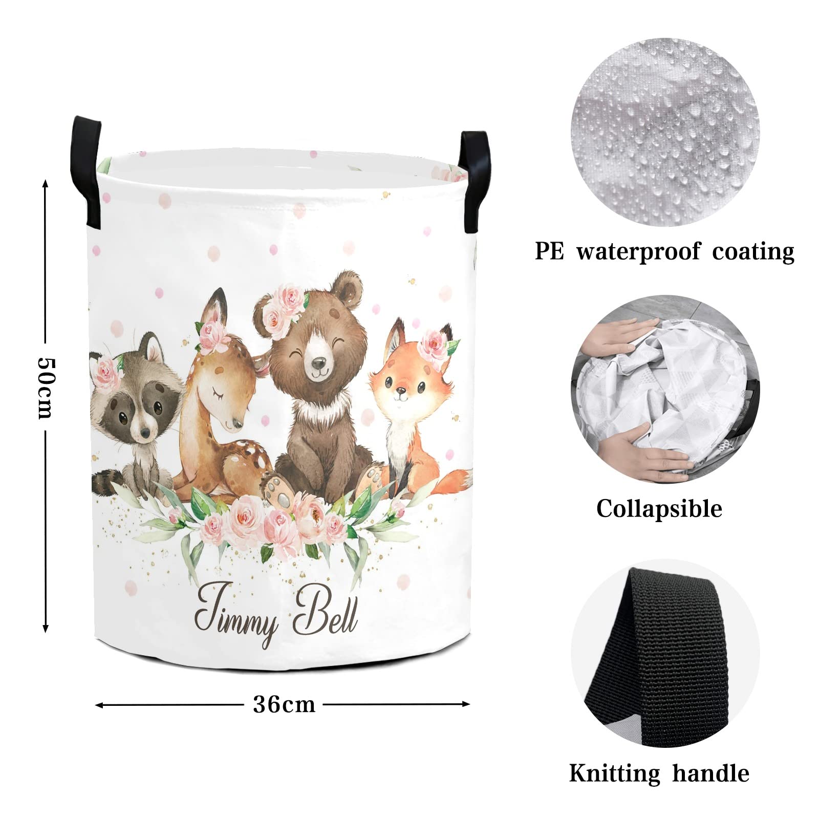 Floral Cute Woodland Animals Personalized Laundry Hamper with Handles Waterproof,Custom Collapsible Laundry Bin,Clothes Toys Storage Baskets for Bedroom,Bathroom Decorative Large Capacity 50L